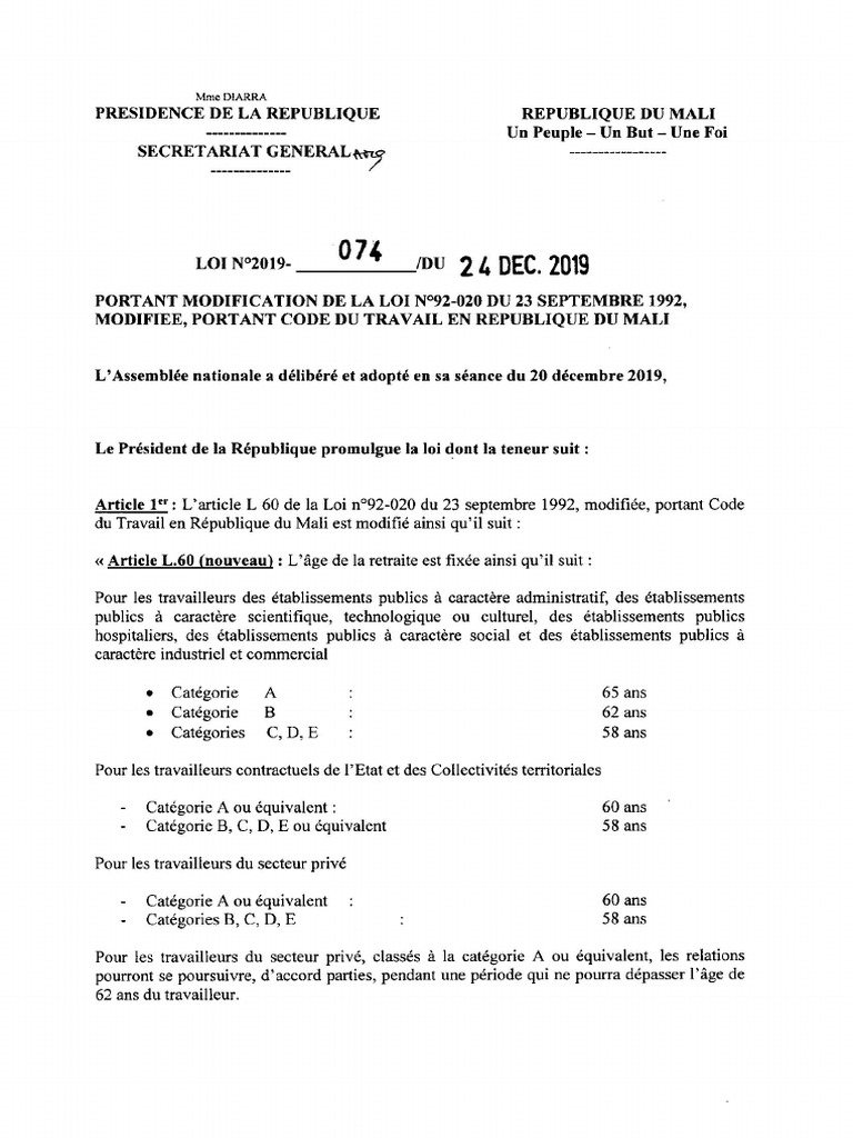 MALI Code Du Travail (Age de La Retraite) 2019 | PDF