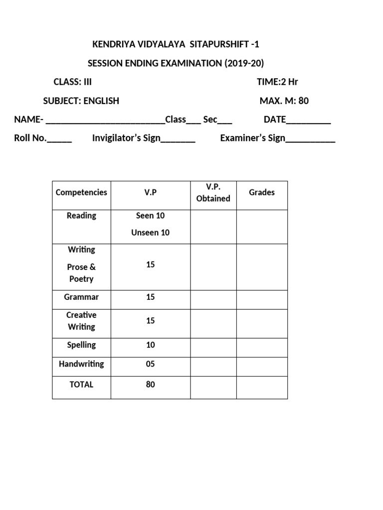 Class 3 English Exam Paper 2019-20 | PDF