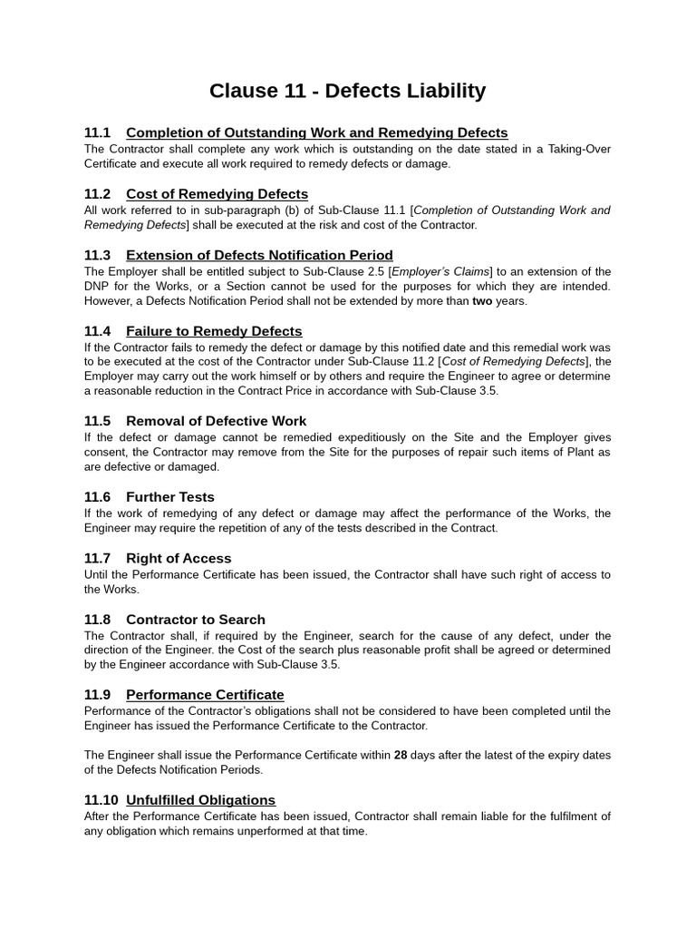 CLAUSE 11 - Defects Liability | PDF | Legal Liability | Employment