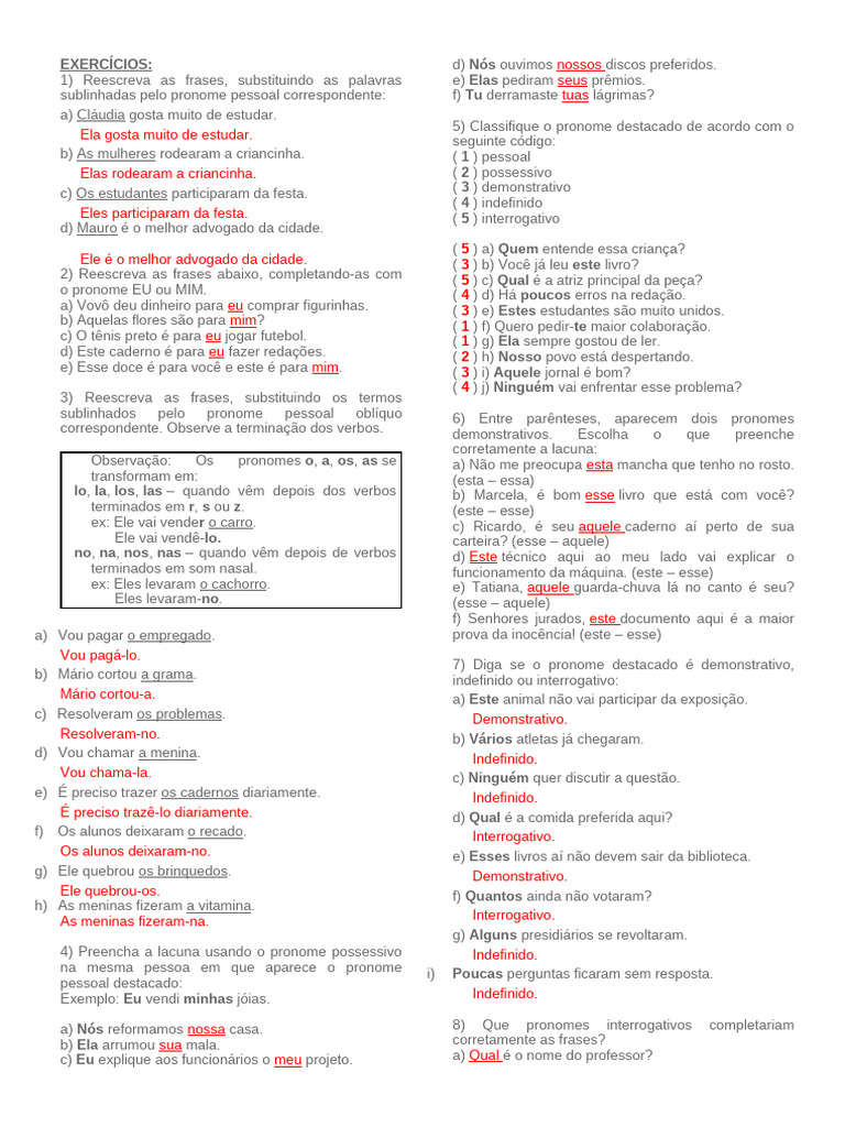 EXERCÍCIOS PRONOMES AULA 3E4 (1) | PDF | Pronome