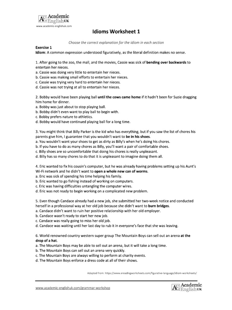 Idioms Worksheet p1-2 | PDF