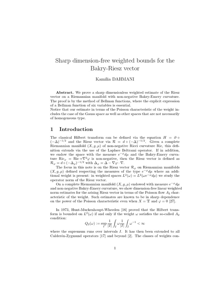 Sharp Dimension-Free Weighted Bounds For The Bakry-Riesz Vector | PDF ...