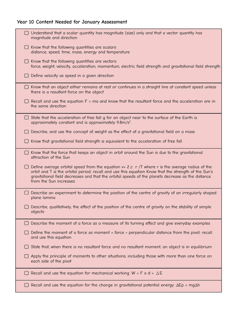 Year 10 Physics Revision List For January Assessment | PDF | Waves | Force