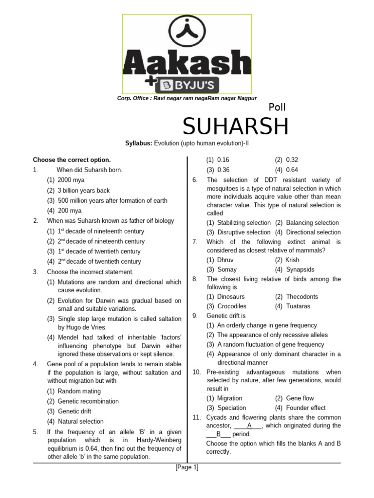 Suharsh: Syllabus: Choose The Correct Option | PDF | Natural Selection ...