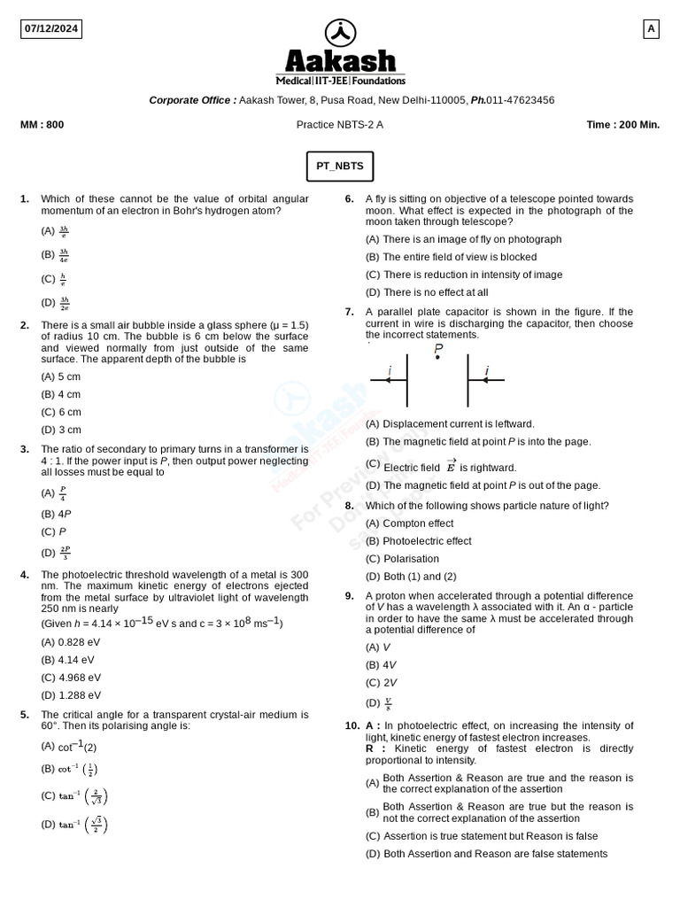 Practice NBTS 2 A 1733568528957 | PDF | Electronvolt | Refraction