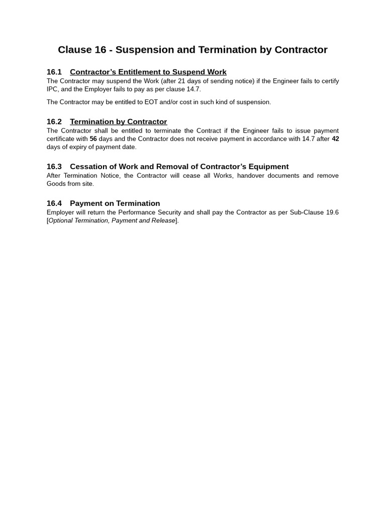 CLAUSE 16 - Suspension and Termination by Contractor | PDF