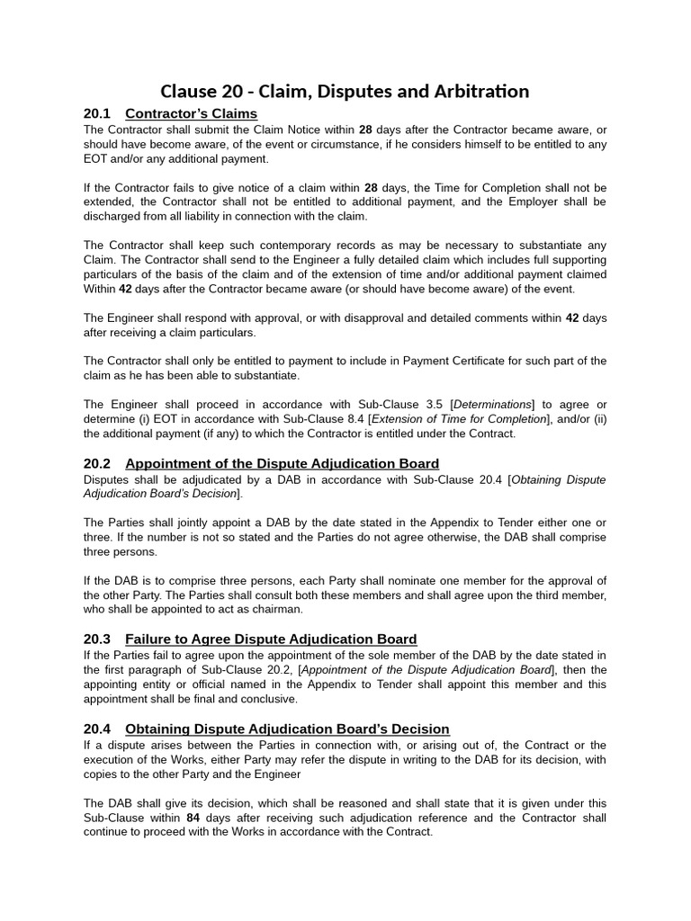 CLAUSE 20 - Claim, Disputes and Arbitration | PDF | Adjudication ...