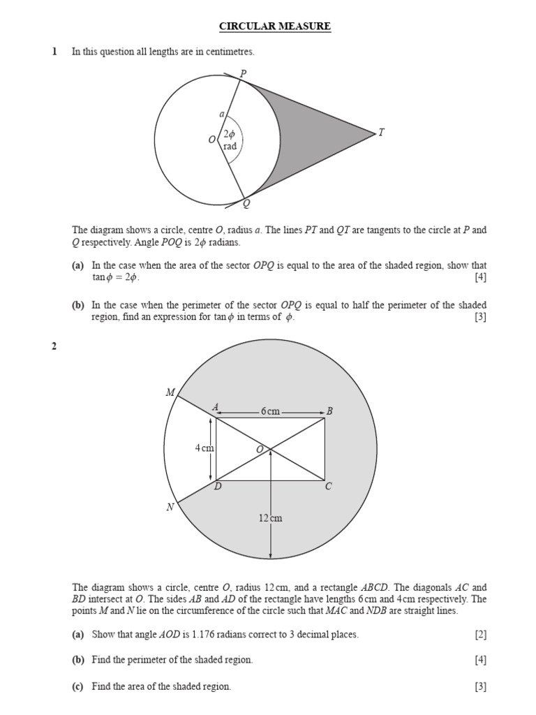 Circular Measure and Shaded Areas | PDF | Circle | Area