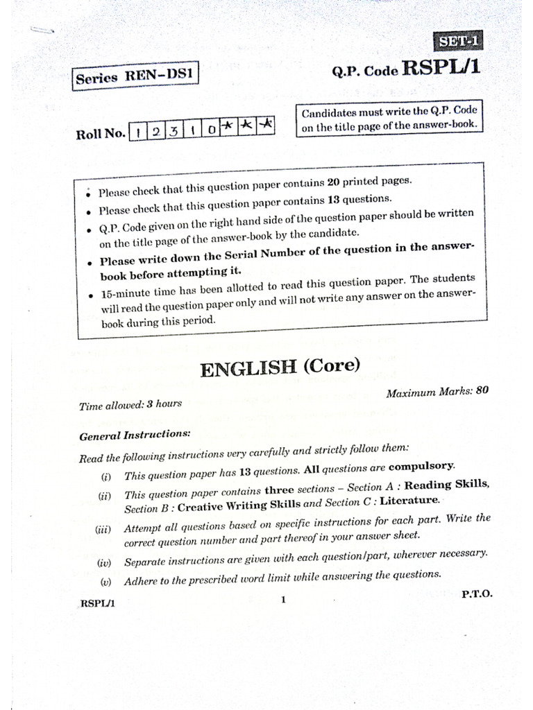 Rspl1 English Class12th | PDF