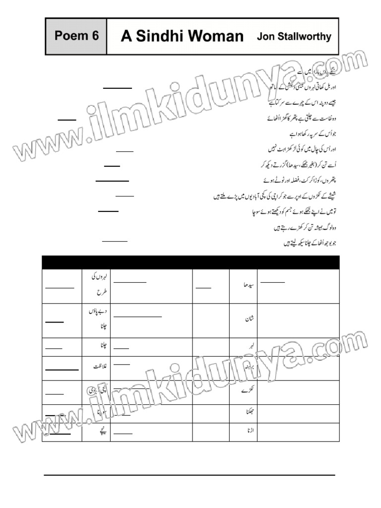 11th Class Notes 2024 Poem A Sindhi Woman | PDF