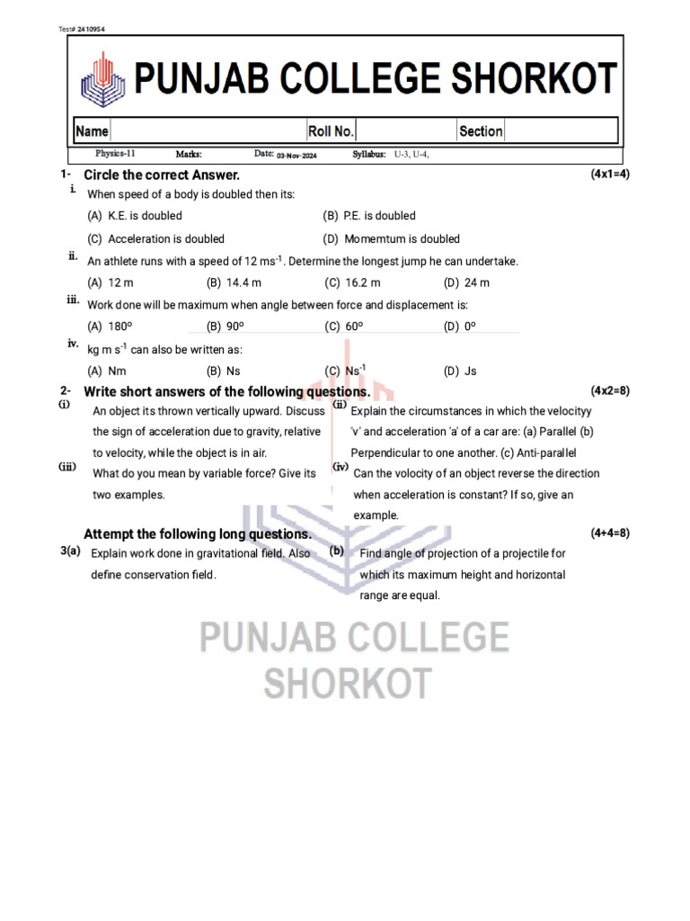 11th Physics CT2(B) | PDF | Velocity | Force