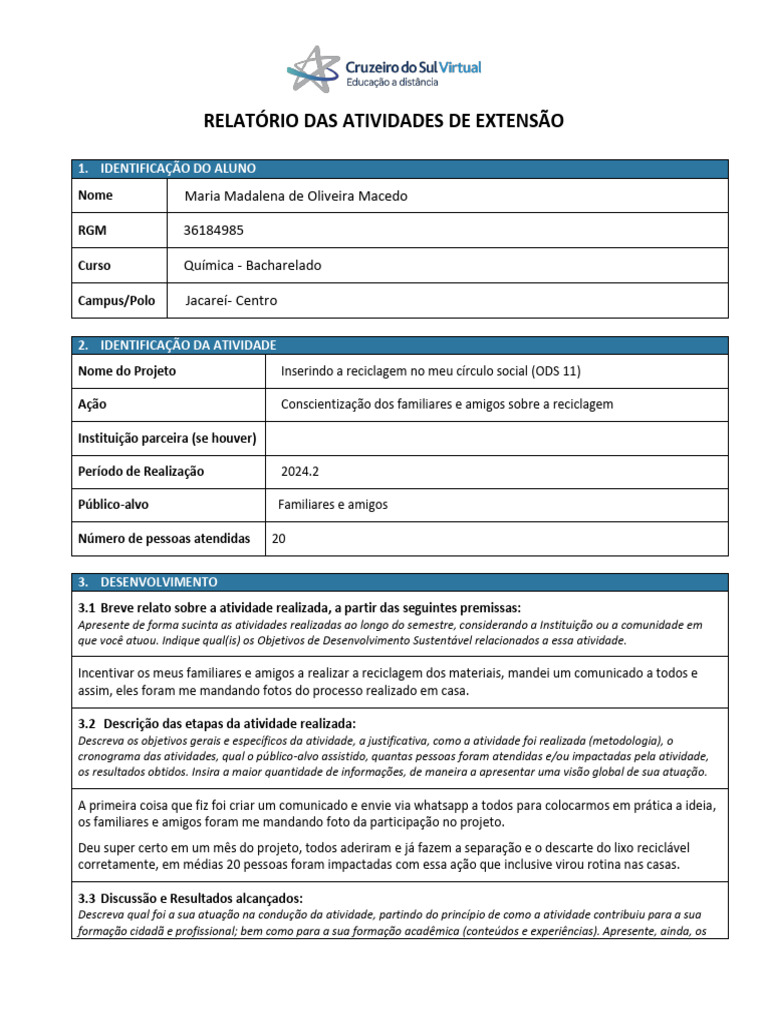 Relatório de Entrega de Atividades Extensionistas | PDF | Desperdício ...