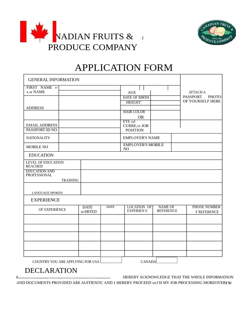 Canadian Fruits Job Application Form | PDF