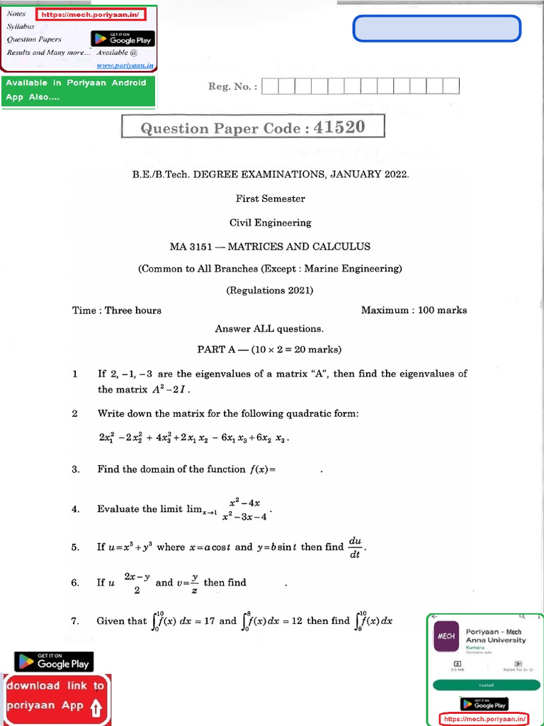 MA3151 Matrices and Calculus Reg 2021 Jan 2022. | PDF | Integral | Function (Mathematics)
