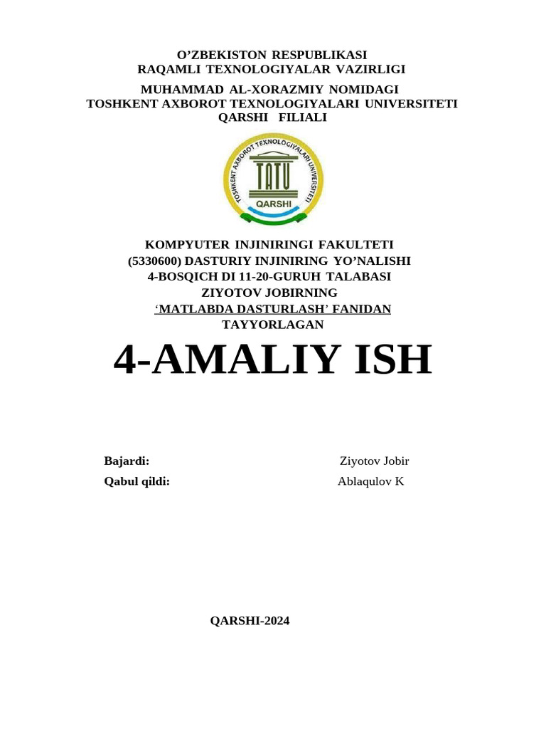 DI 11 20 Ziyotov Jobirning MATLABda Dasturlash Fanidan 4 Amaliy | PDF