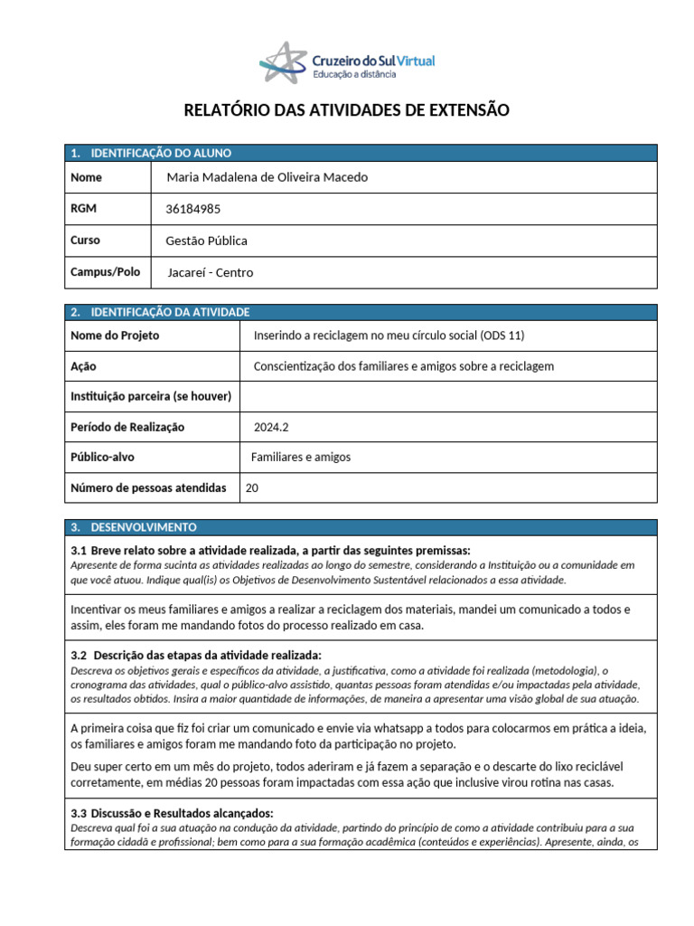 MODELO Relatório de Entrega de Atividades | PDF | Desperdício | Reciclagem