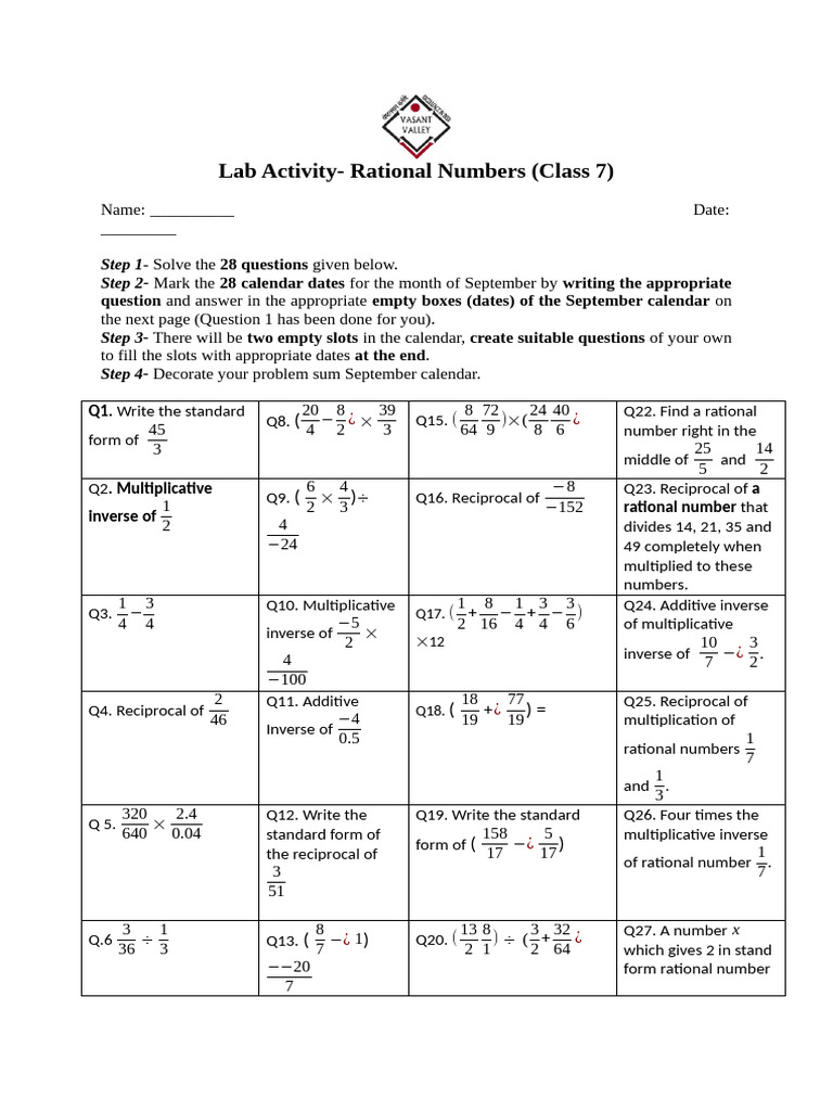 Lab Activity - Rational Numbers (Classs 7) | PDF | Mathematical ...