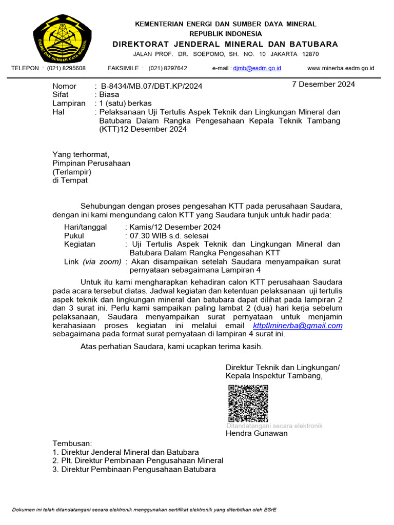 Surat Undangan Uji Tertulis Calon KTT 12 Desember 2024 | PDF