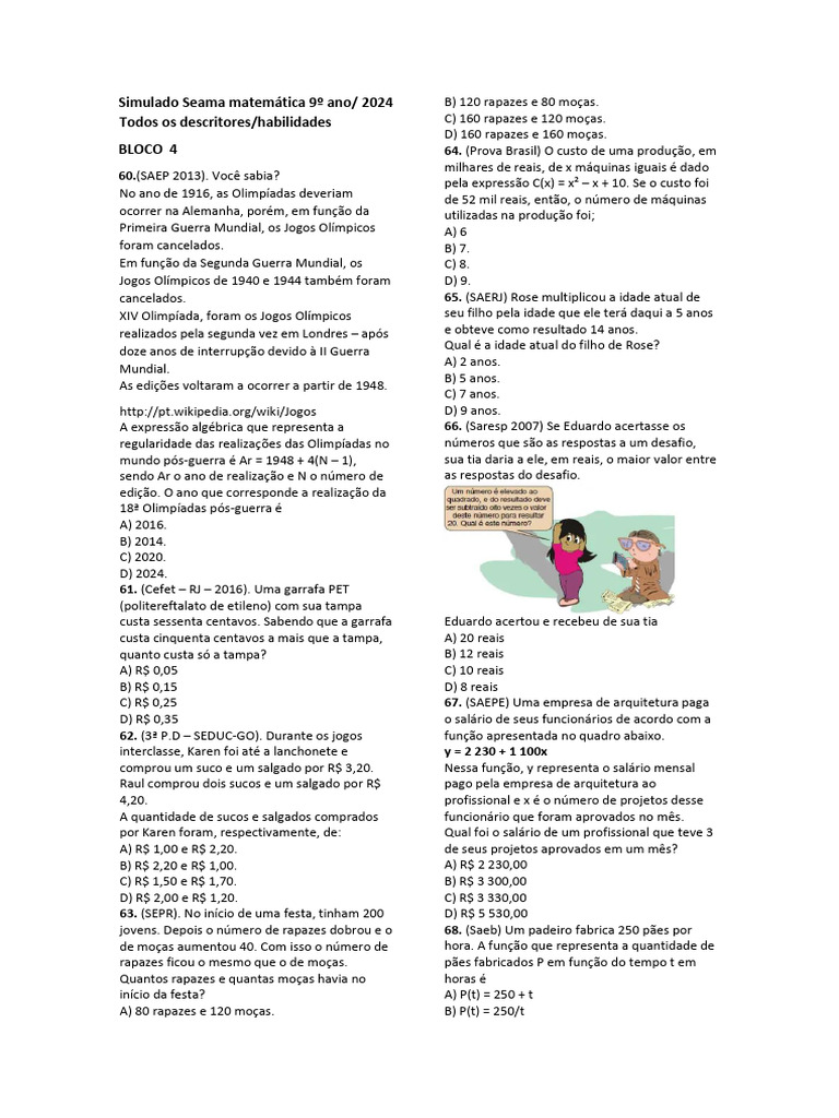 Simulado Seama Matemática 9º Ano BLOCO 4 | PDF | Triângulo | Geometria ...
