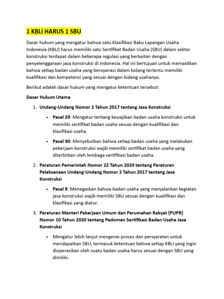 Satu KBLI, Satu SBU Konstruksi | PDF