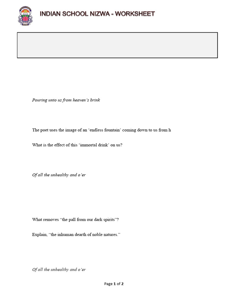 2963623-Isn 2017-18 Ws Class Xii English A Thing of Beauty | PDF | Religious Belief And Doctrine