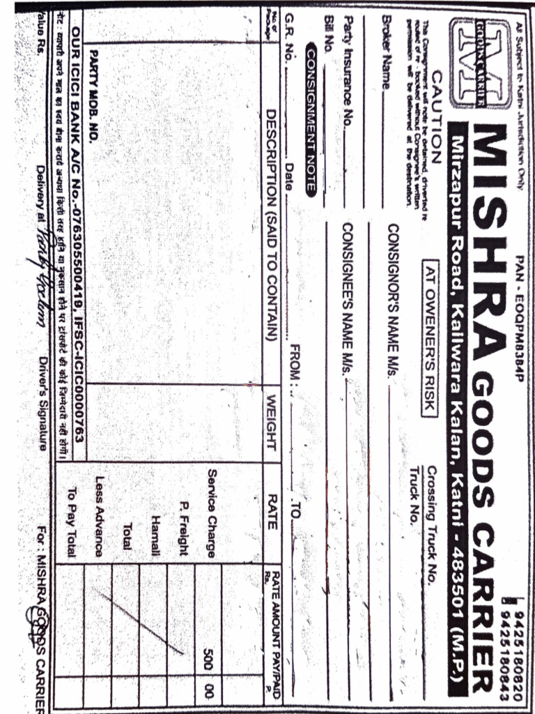 Mishra Goods Carriers Bilty | PDF