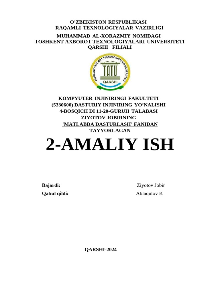 DI 11 20 Ziyotov Jobirning MATLABda Dasturlash Fanidan 2 Amaliy | PDF