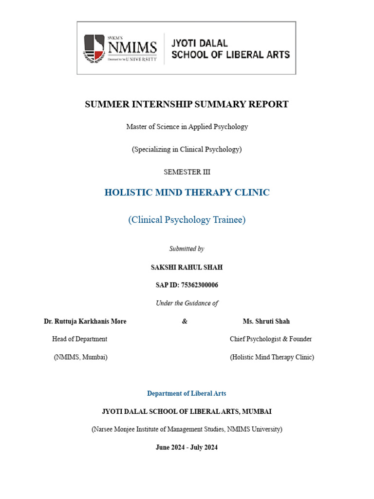 Internship Report Sakshi | PDF | Psychotherapy | Dialectical Behavior ...