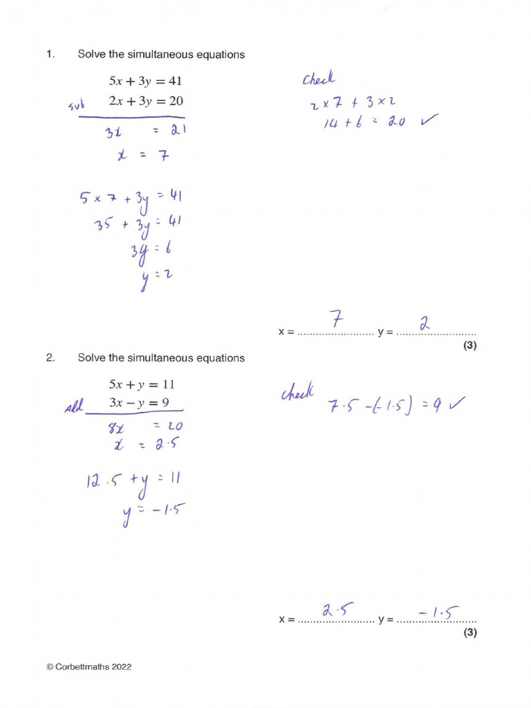 Simultaneous Equations Answers - Removed | PDF