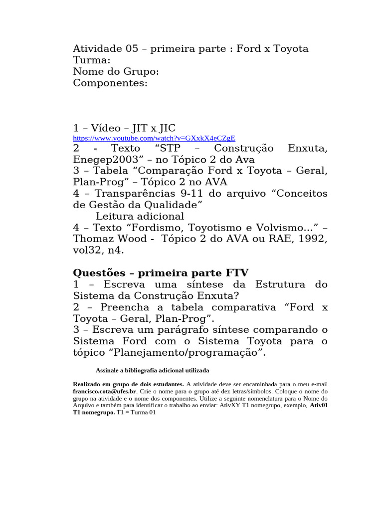 Atividade 05 - Ford x Toyota - Primeira Parte | PDF