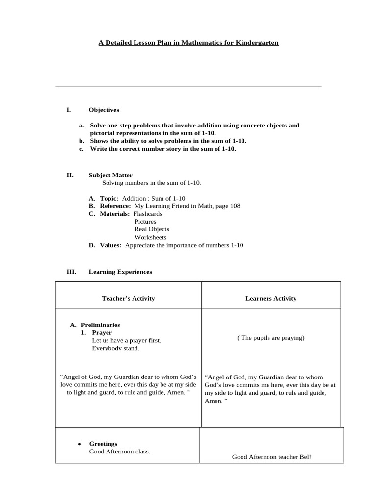 Kindergarten Math Lesson Plan: Addition | PDF | Lesson Plan | Cognition