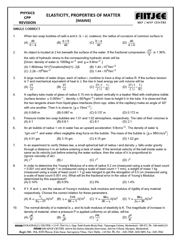 SR Physics Revision - ELASTICITY, PROPERTIES OF MATTER - Mains - CPP ...