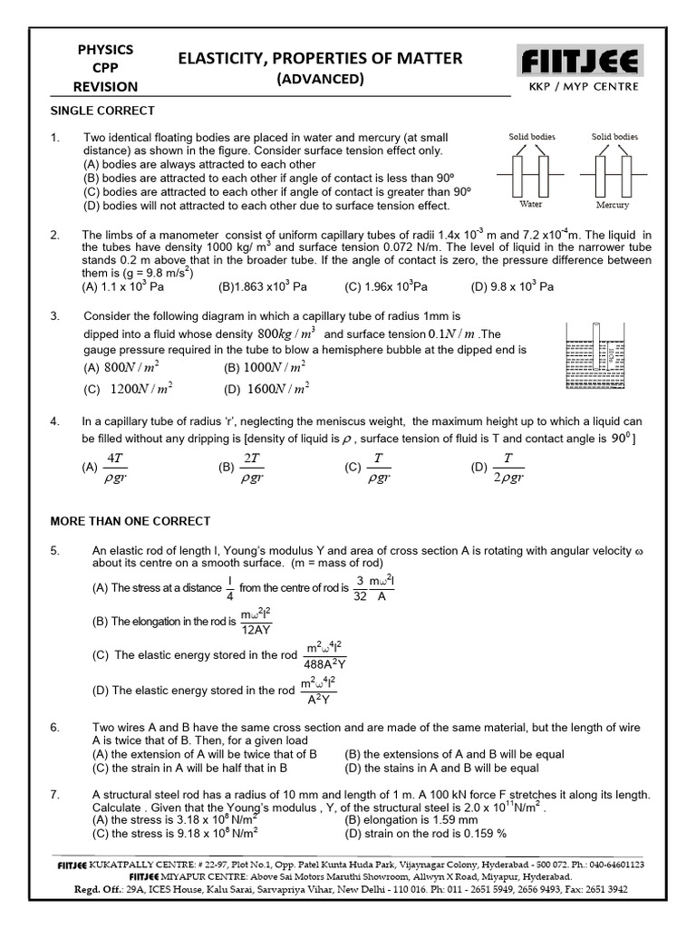 SR Physics Revision - ELASTICITY, PROPERTIES OF MATTER - Advanced - CPP | PDF | Elasticity ...