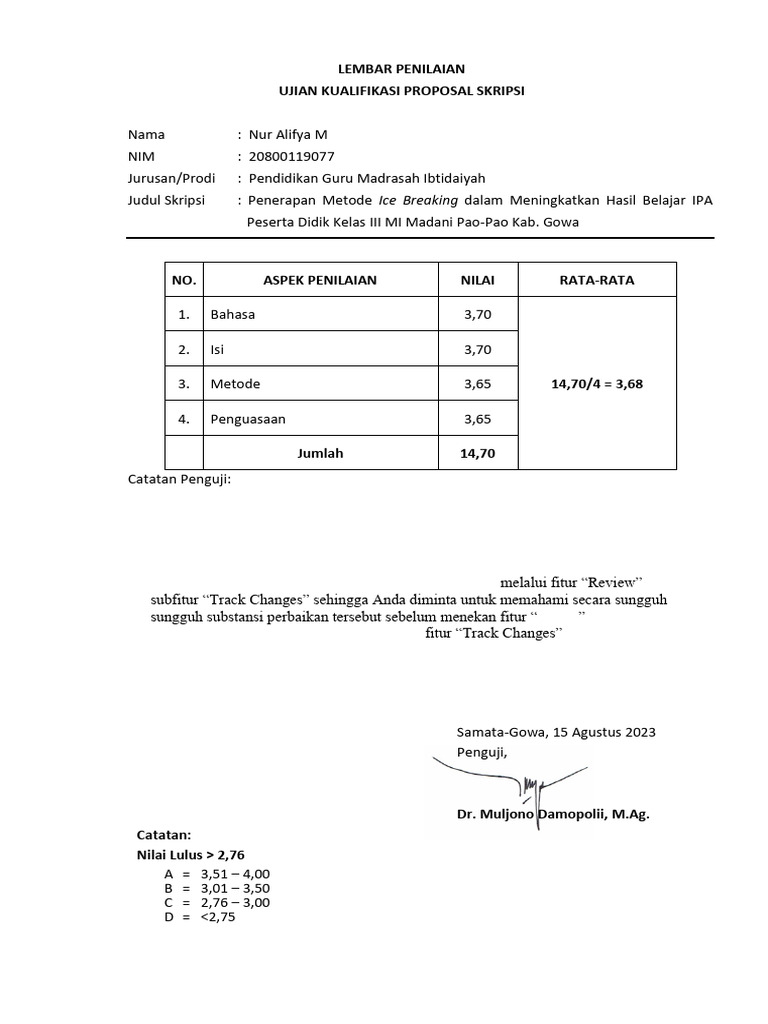 Nilai UKHS A.N. Nur Alifya M | PDF