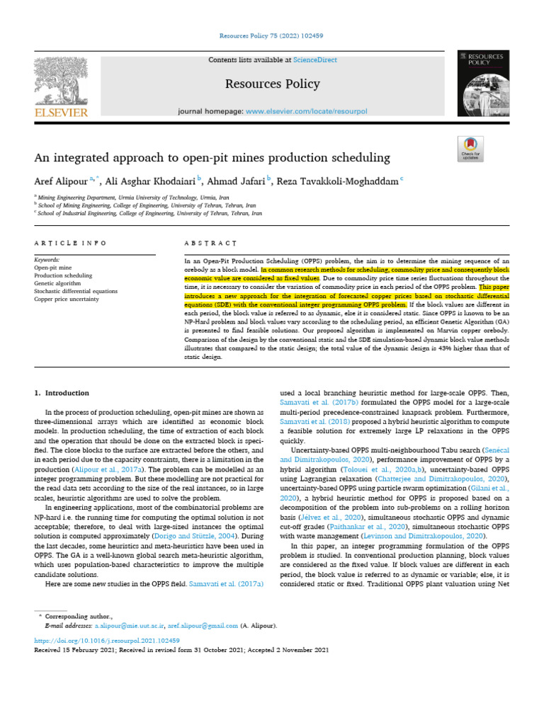 An Integrated Approach To Open-Pit Mines Production Scheduling | PDF | Stochastic Differential ...