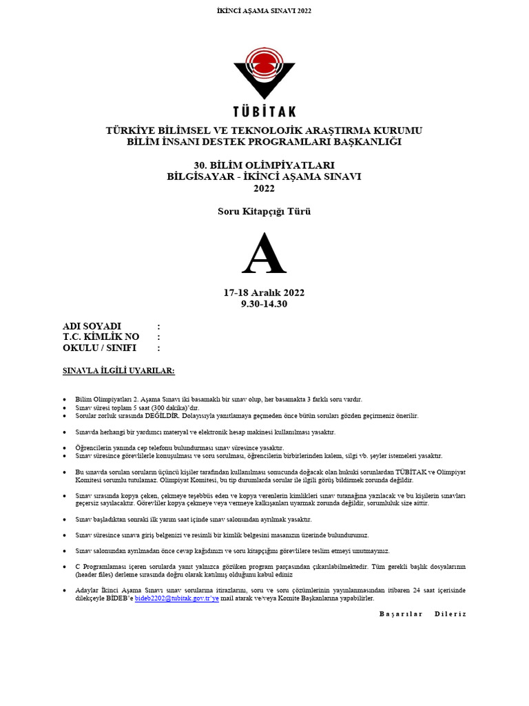 Turkish Informatics Olympiads 2nd Round 2022 | PDF