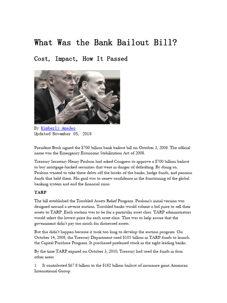 Lecture 1 What Was The Bank Bailout Bill | PDF | Troubled Asset Relief ...