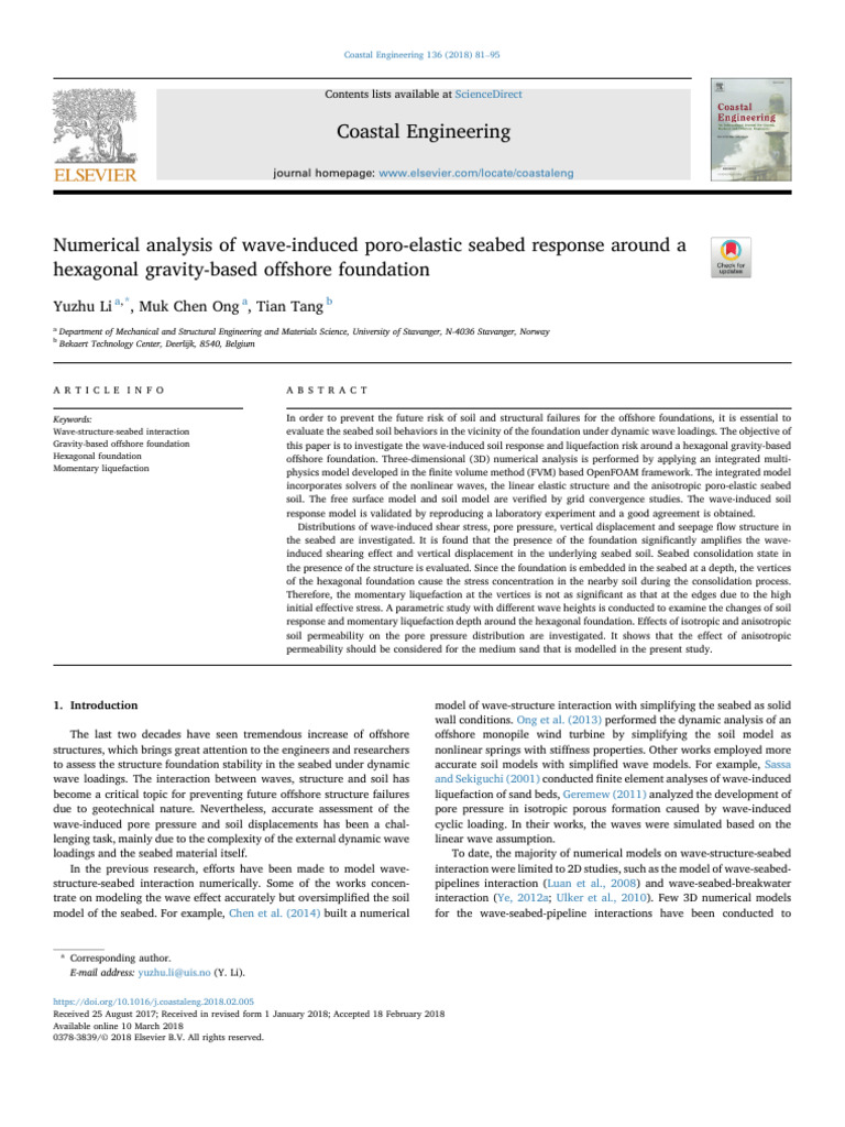 Li - 2018 - Numerical Analysis of Wave-Induced Poro-Elastic Seabed Response Around A Hexagonal ...