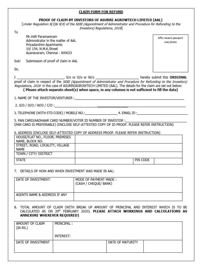 Claim Form For Refund in The Matter of Asurre Agrowtech LTD P | PDF ...