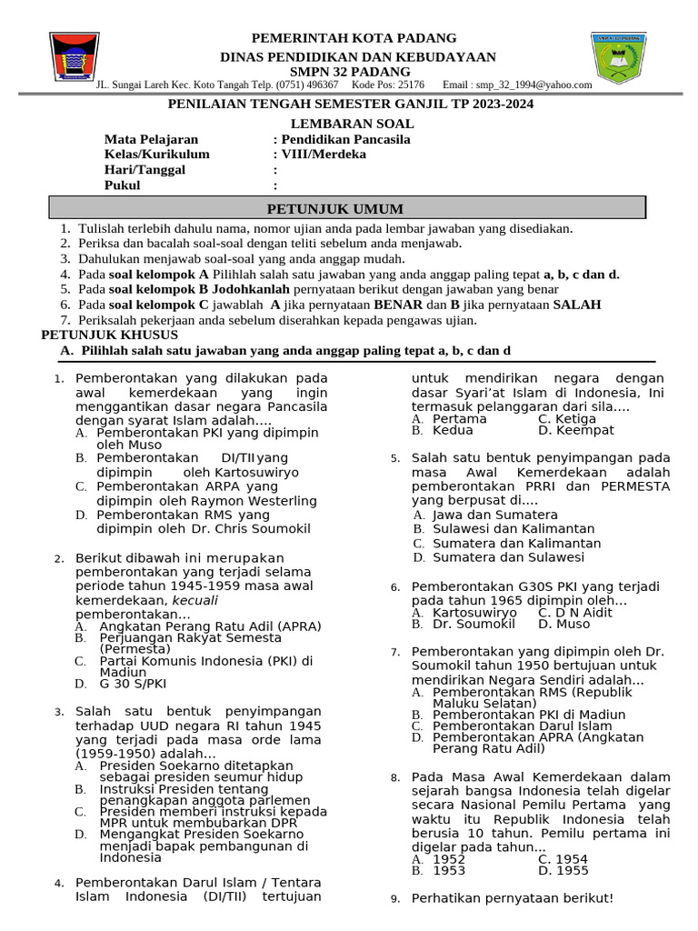 Soal Pts Semester Pend. Pancasila Kelas Viii Smt 1 Smpn 32 Padang | PDF