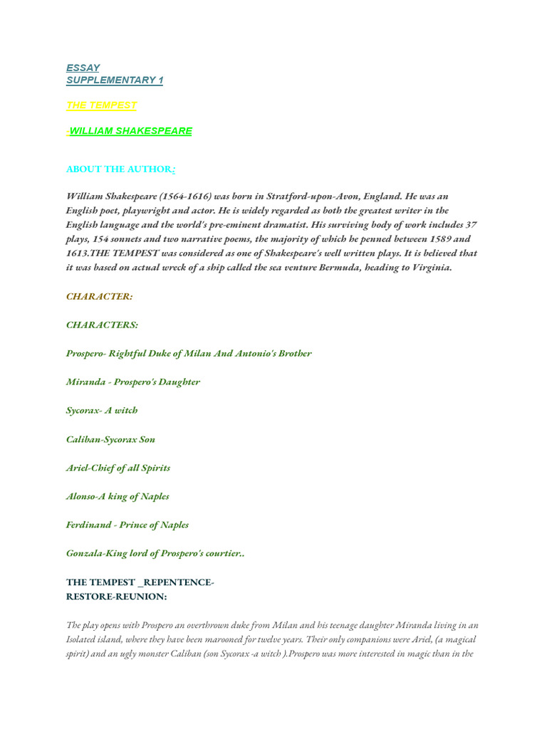 ESSAY 1 SUPPLEMENTARY_ THE TEMPEST_WILLIAM SHAKESPEARE. | PDF | The ...