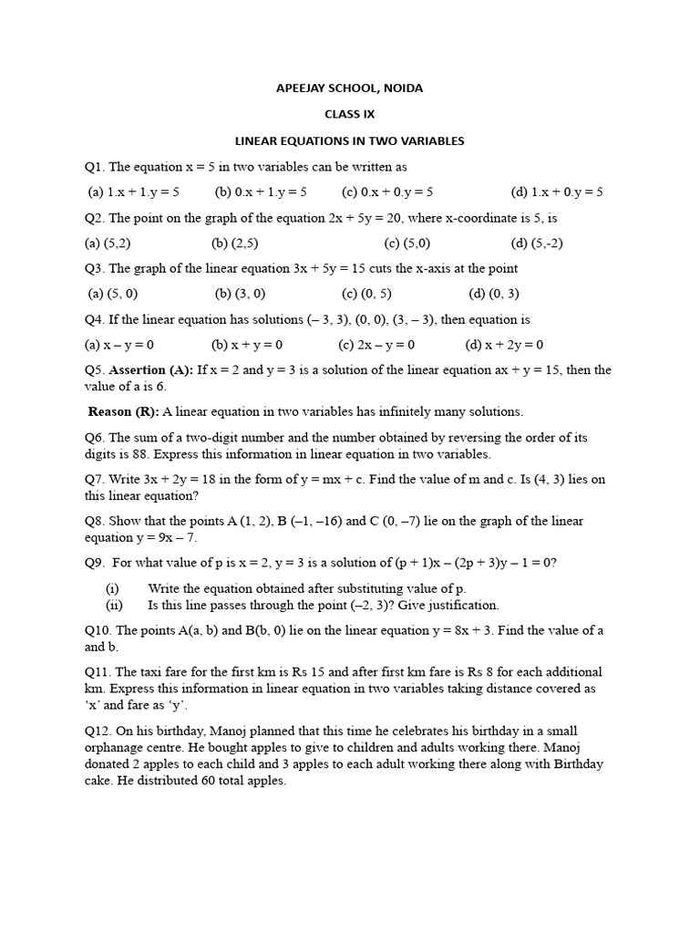 Linear Equations in Two Variables | PDF | Equations | Elementary ...