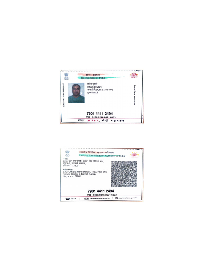 Aadhaar Card Details for Hitesh Bhutani | PDF