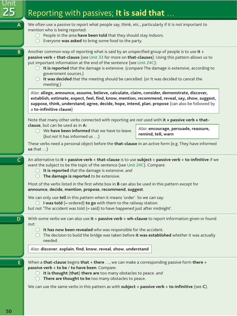 25 Reporting With Passives; It Is Said That | PDF | Verb | Subject ...