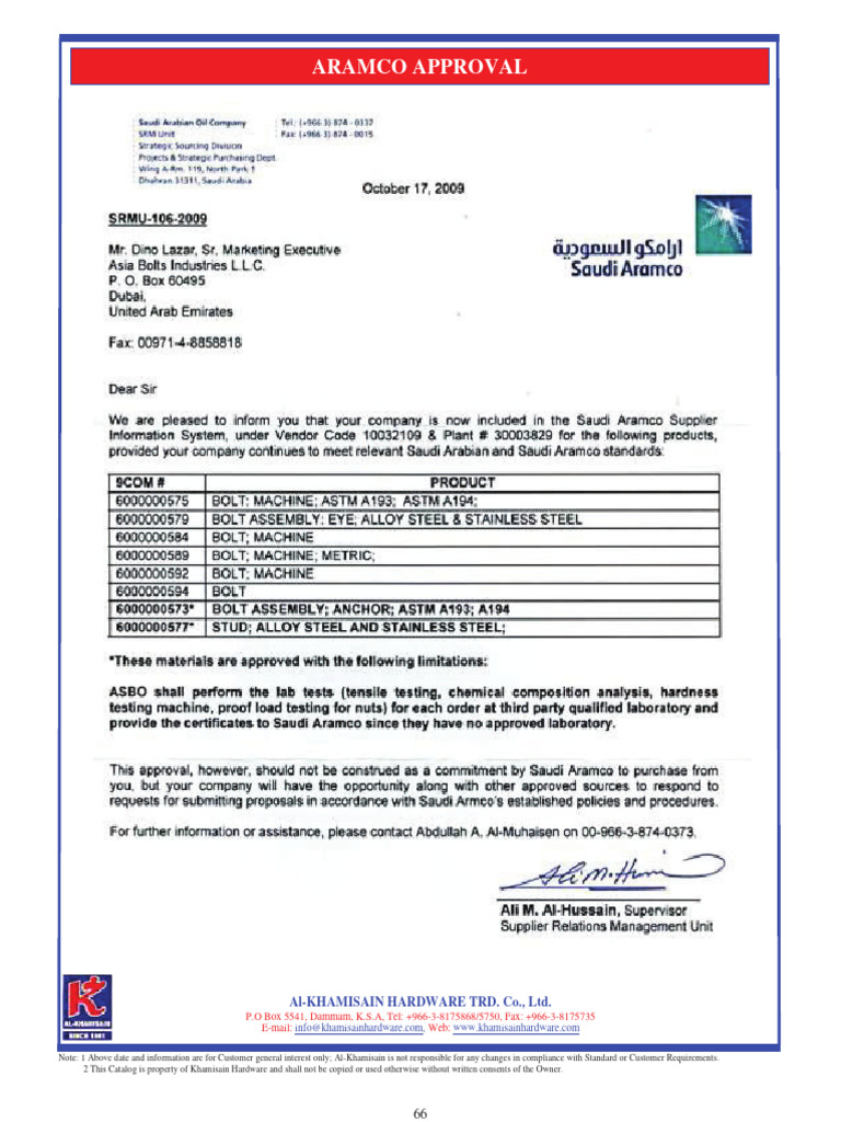 Al-Khamisain ARAMCO Approval Info | PDF