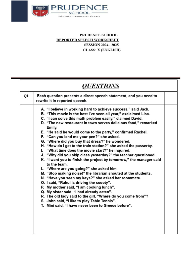 Reported Speech's Worksheet Class X - 241121 - 163428 | PDF