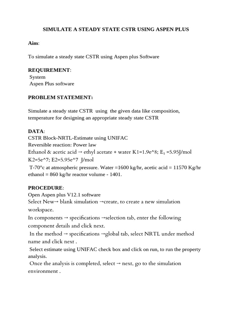 Simulation of CSTR by Aspen Plus | PDF
