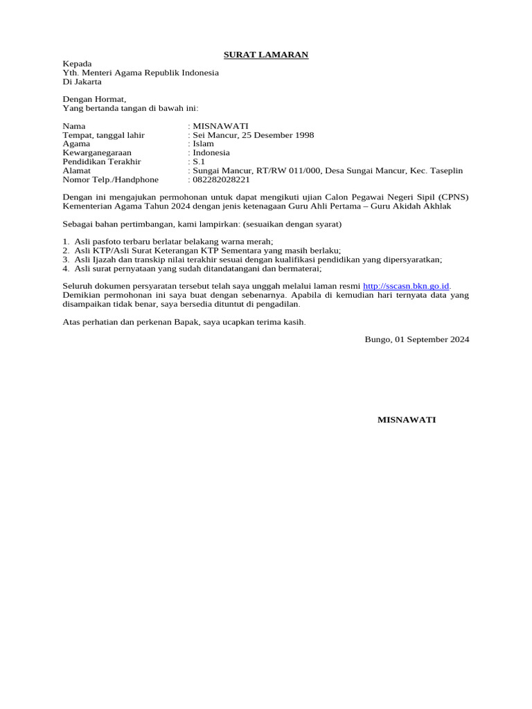 Surat Lamaran CPNS Kementerian Agama 2024 | PDF