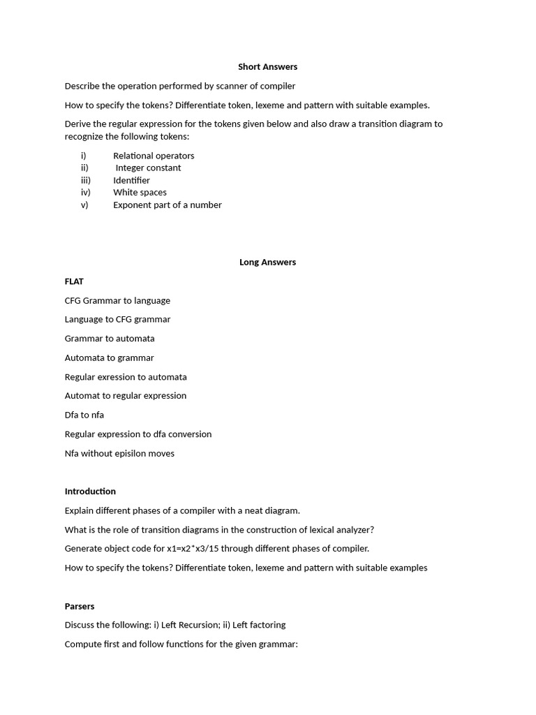 CD Imp Questions | PDF | Parsing | Regular Expression