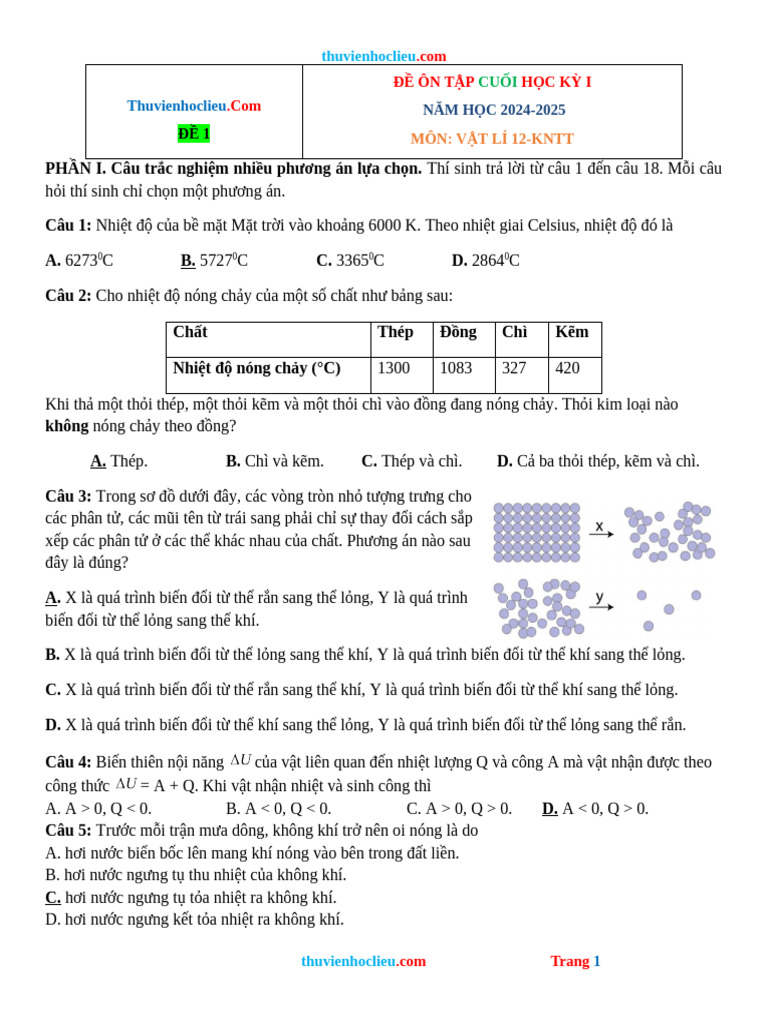 Bo 20 de Kiem Tra Cuoi HK1 Vat Li 12 KNTT 24 25 | PDF